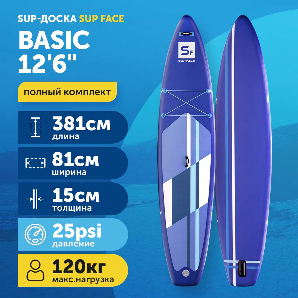 Сапборд надувной двухслойный SUP face Basic 12.6x32x6 381x81x15 см, весло, рюкзак, насос ...