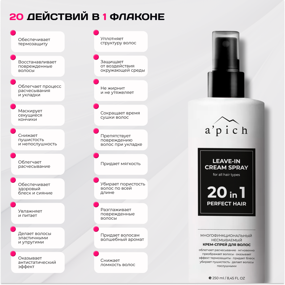Купить спрей для волос Apich 20 в 1 термозащита несмываемый уход 250мл ...