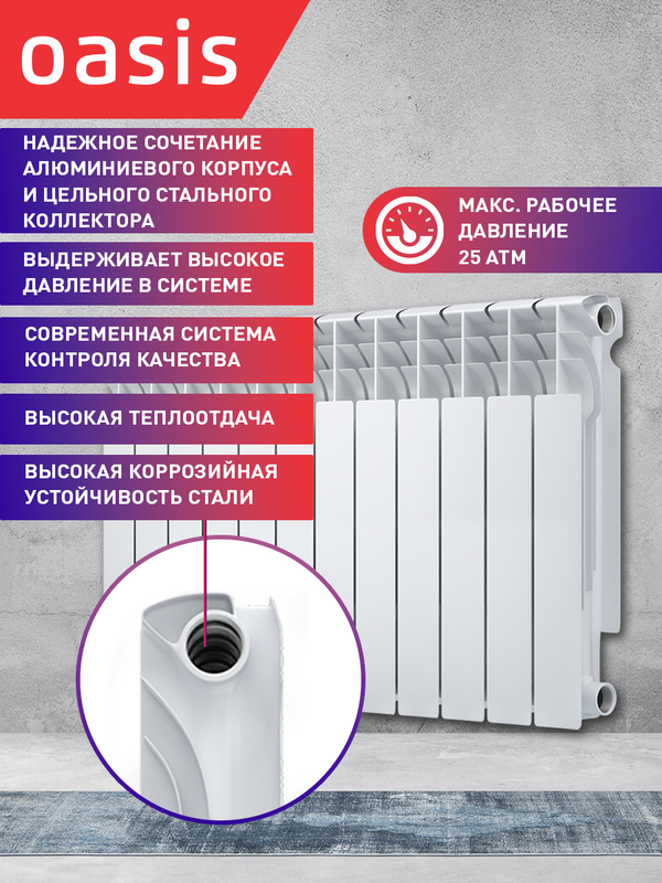 Радиатор биметаллический Oasis Eco 500/80/12, 12 секций, белый купить в интернет-магазине, цены ...