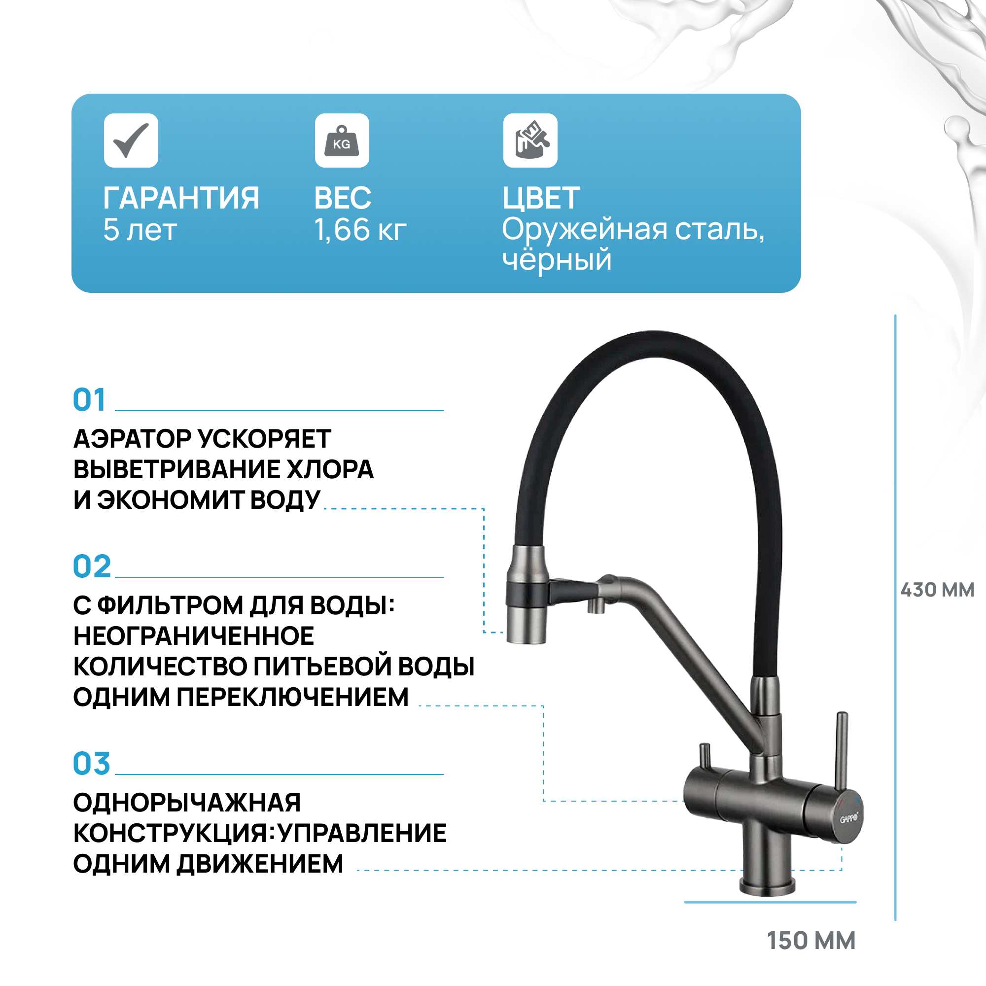 Смеситель для кухни GAPPO с фильтром с гибким изливом черный/оружейная сталь G4398-89 купить в ...